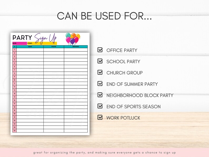 Printable Party Volunteer Sign up Sheet Instant Download for Potluck, School, Work, Easter ...