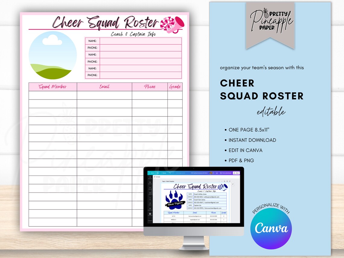 Editable Cheer Squad Roster Template, Cheerleading Team, Coach, Captain ...