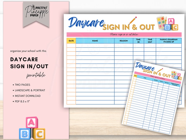Printable Daycare Sign in and Out Sheet, Instant Digital Download, Back ...
