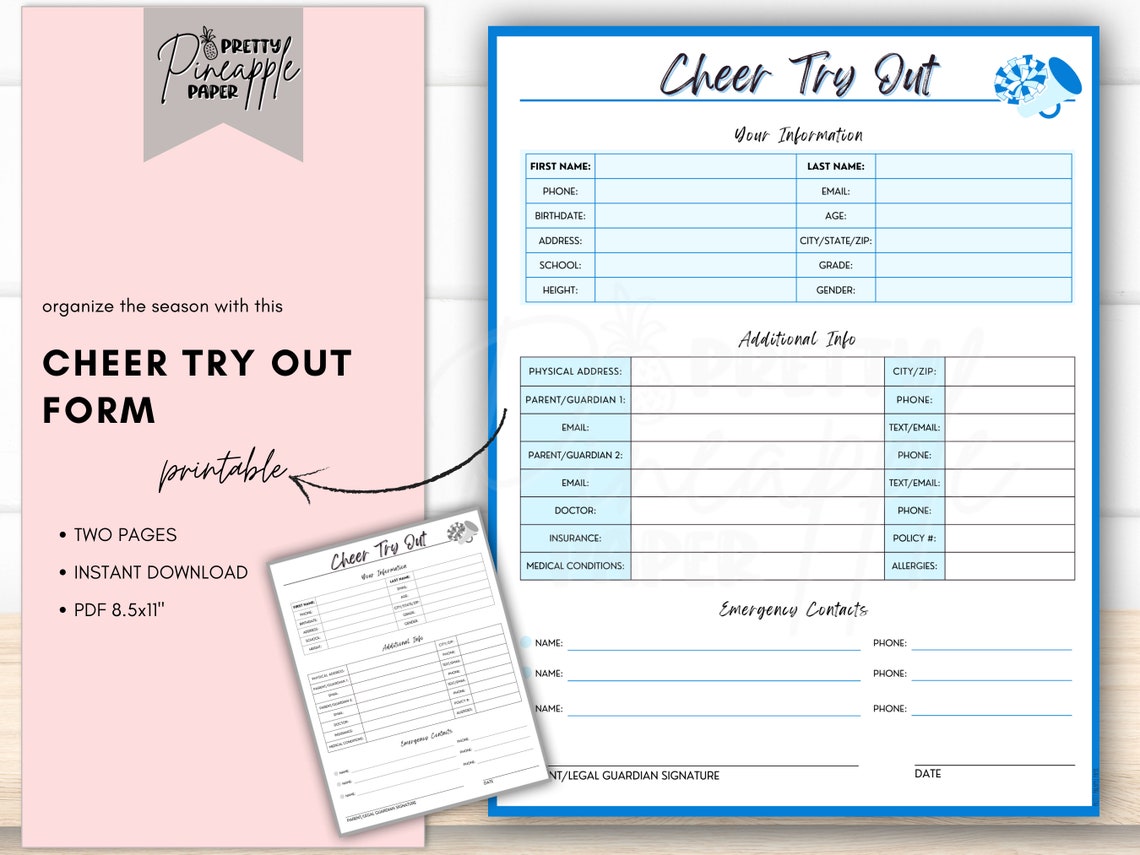 Printable Cheer Try Out Form, Instant Download Template, Cheerleader ...