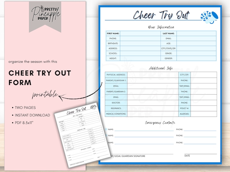 Printable Cheer Try Out Form, Instant Download Template, Cheerleader ...
