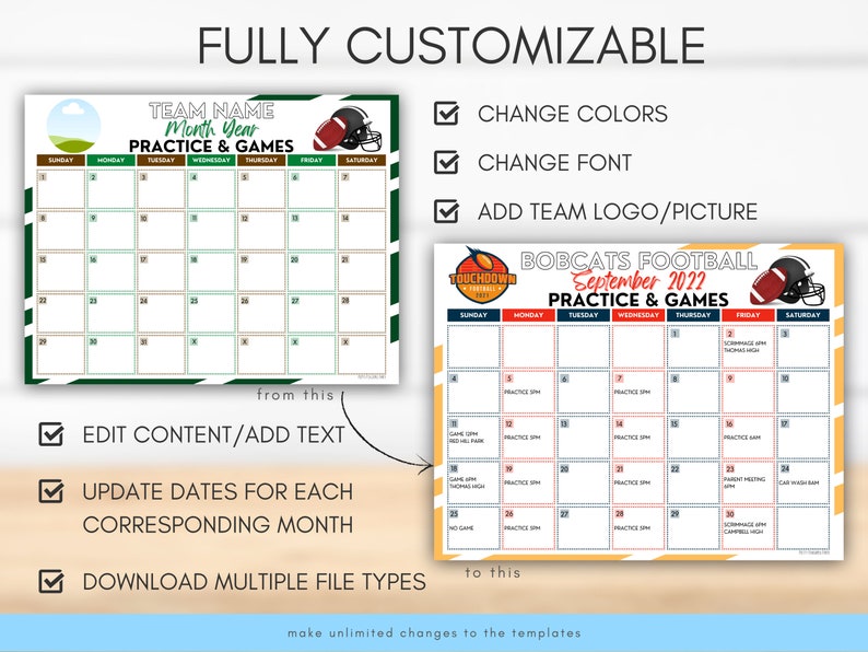 Editable Football Calendar Template, Instant Download Practice and ...