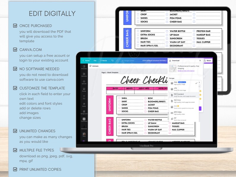 Editable Cheer Checklist Template, Instant Digital Download, Edit in ...