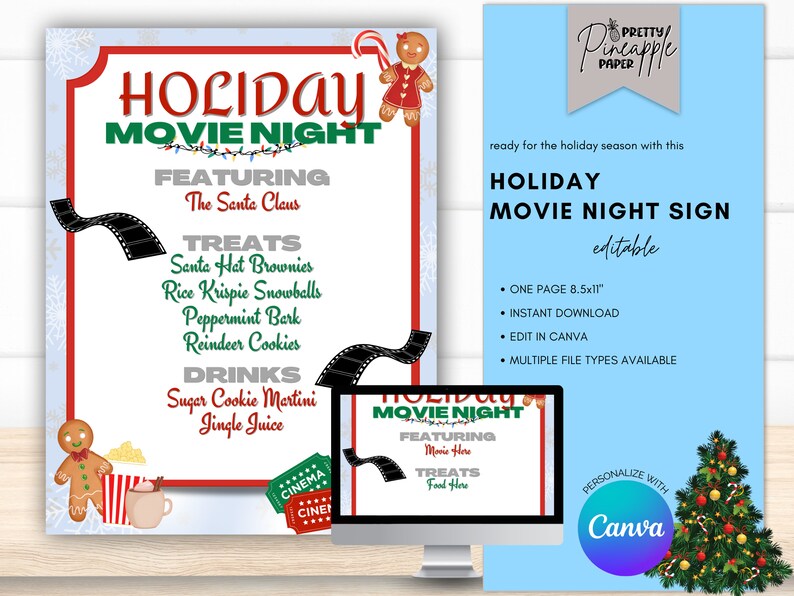 Editable Christmas Holiday Movie Night Sign Movie Night - Etsy