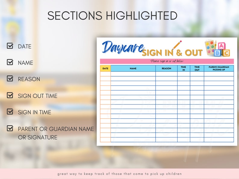 Printable Daycare Sign in and Out Sheet, Instant Digital Download, Back ...