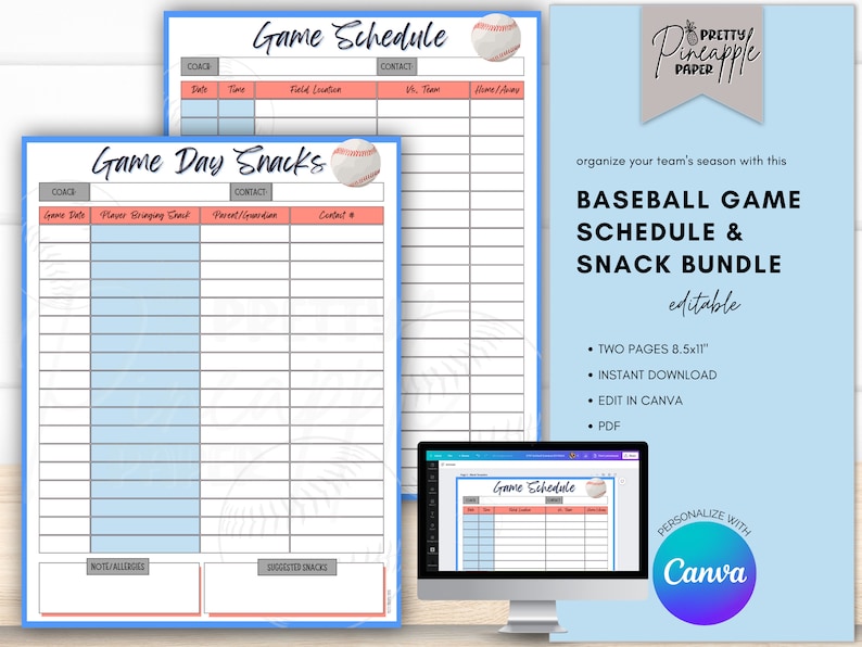 Editable Baseball Snack Sign up & Game Schedule Template Bundle ...