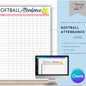 Editable Softball Attendance Template, Instant Digital Download, Edit ...
