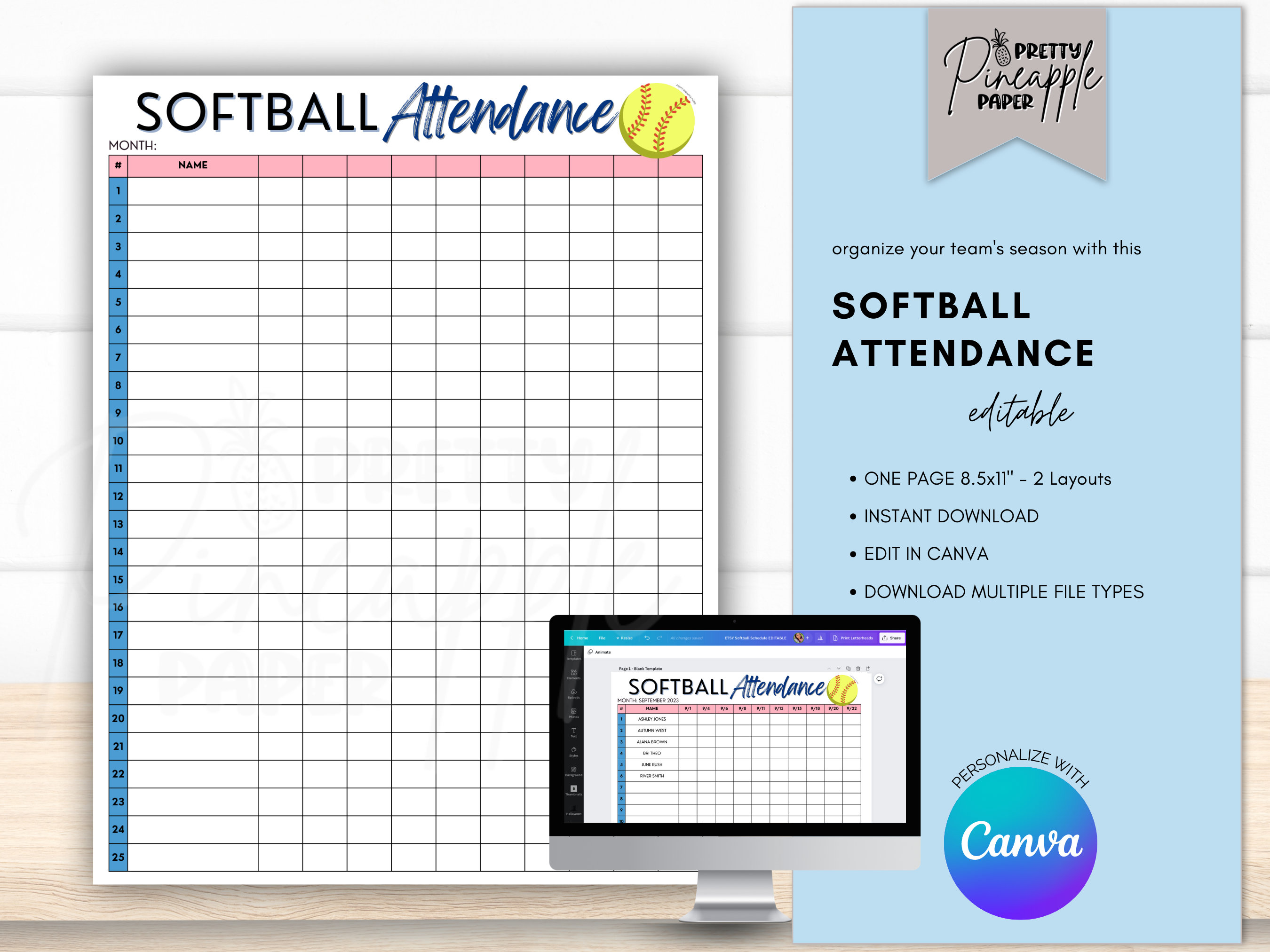 Editable Softball Attendance Template, Instant Digital Download, Edit ...