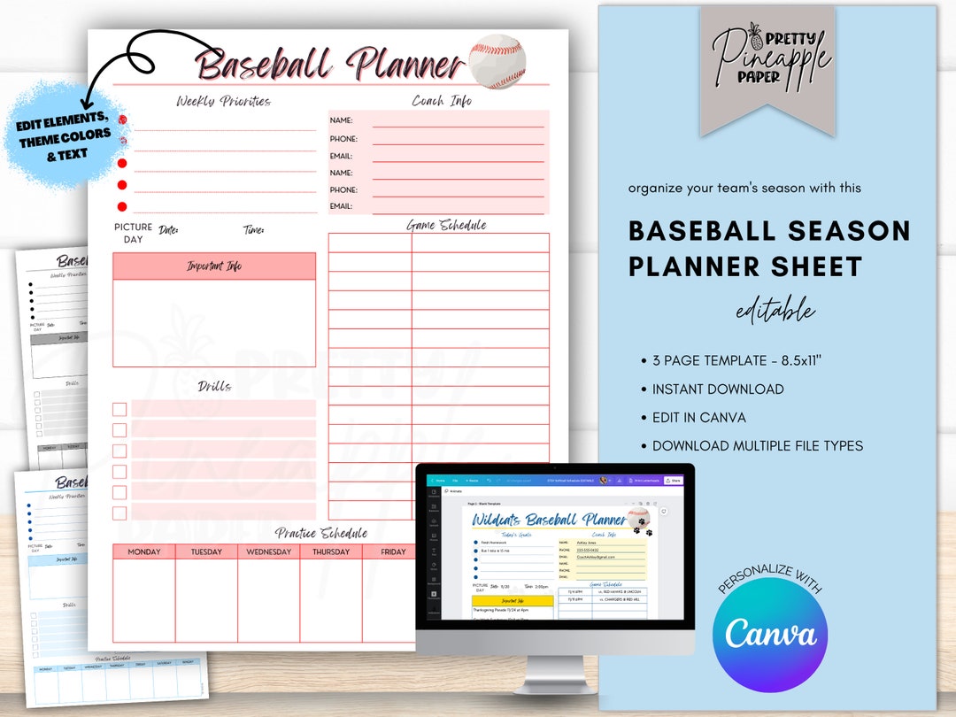 Editable Baseball Season Planner Sheet, Instant Digital Download, Edit ...