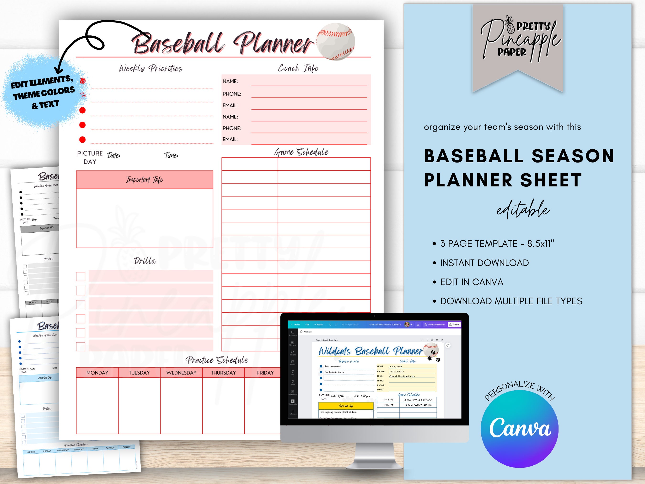 Editable Baseball Season Planner Sheet, Instant Digital Download, Edit ...