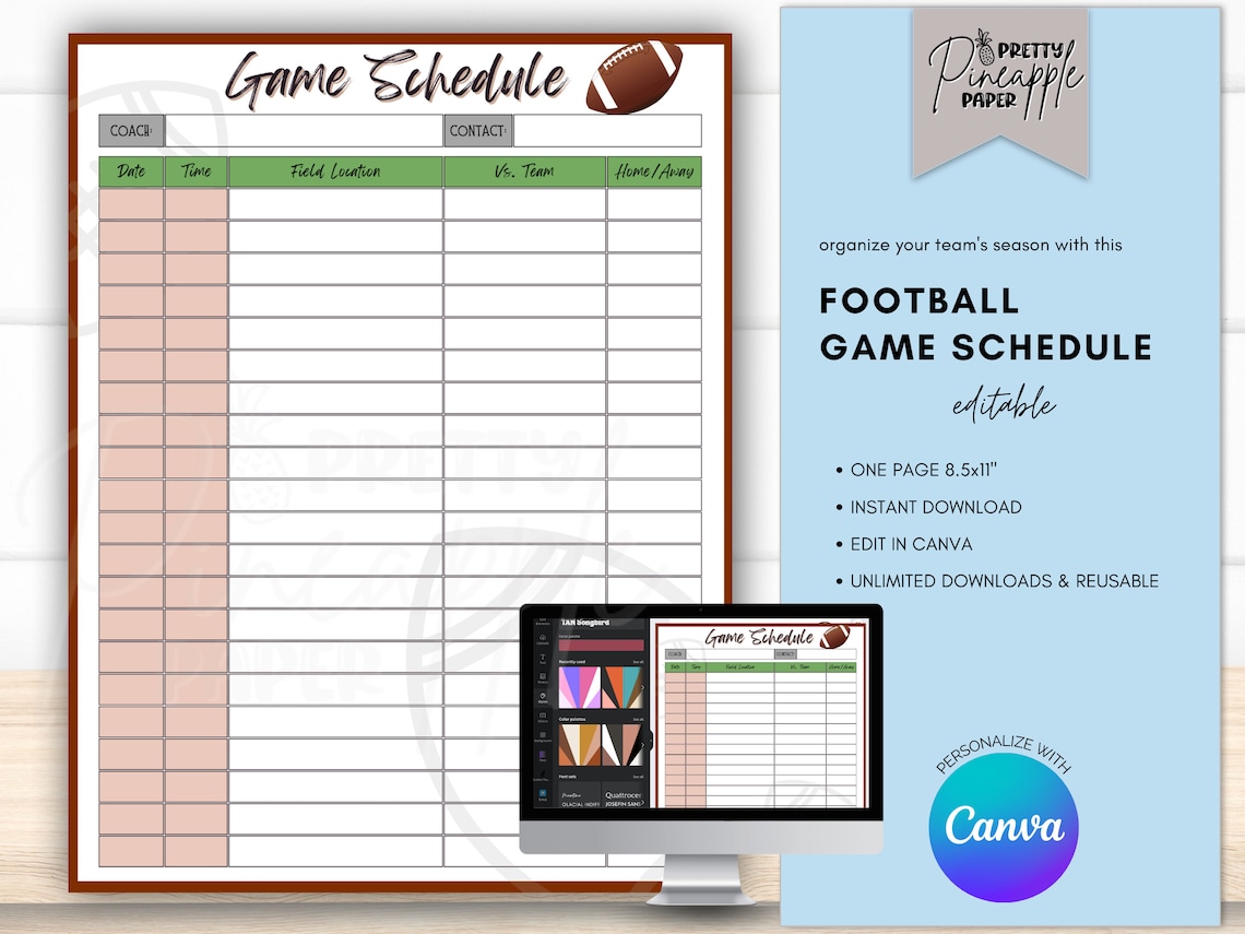 Editable Football Game Schedule Template Instant Download to Organize ...