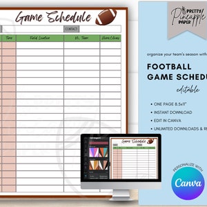 Editable Football Game Schedule Template Instant Download to Organize ...