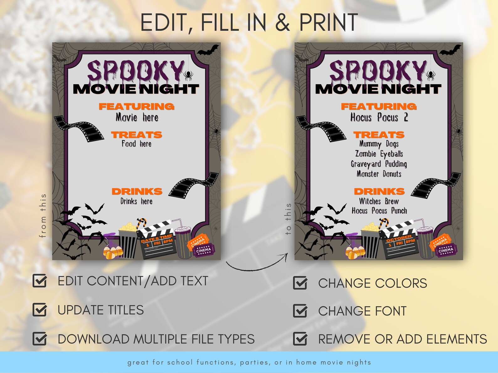 Editable Halloween Spooky Movie Night Sign Movie Night - Etsy