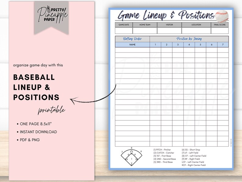 Printable Baseball Team Line up and Field Positions, Instant Download ...