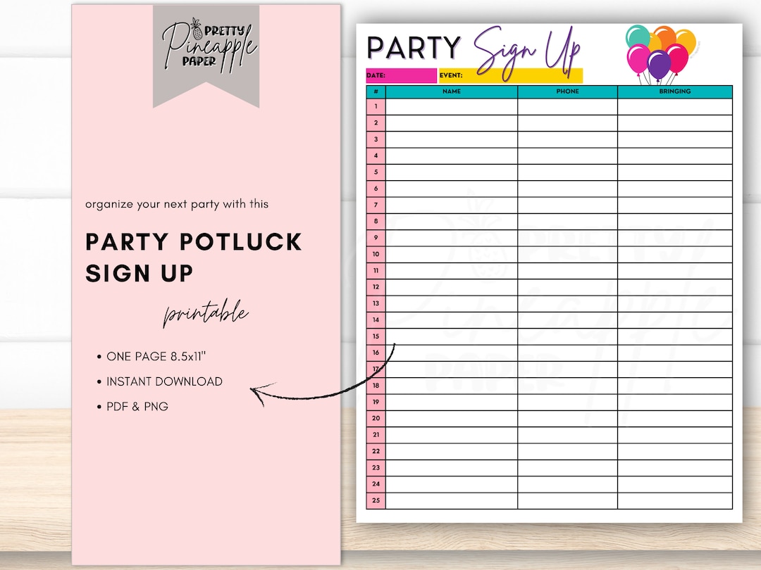 Printable Party Volunteer Sign up Sheet Instant Download for Potluck ...