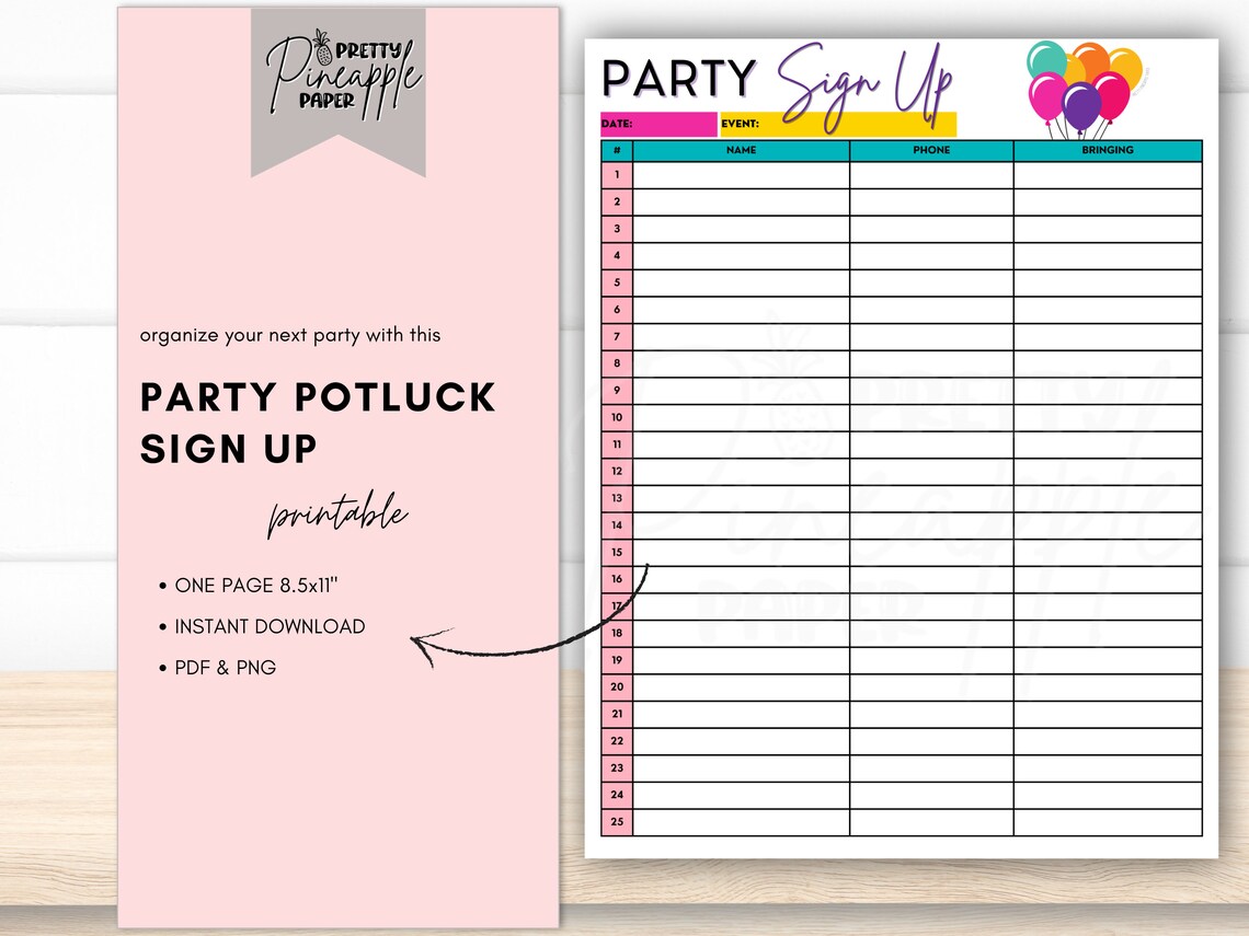 Printable Party Volunteer Sign up Sheet Instant Download for Potluck ...