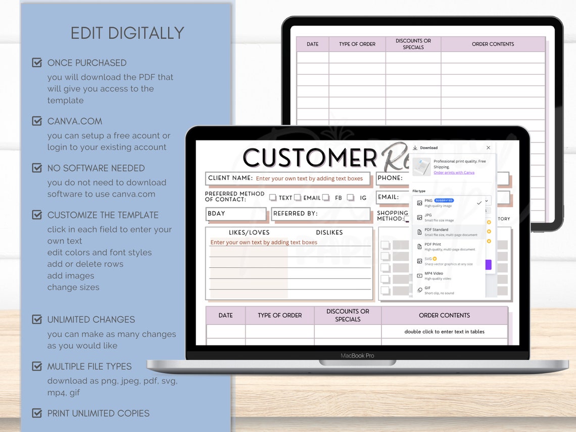 Editable Customer Record Planner Sheet Instant Download Edit - Etsy