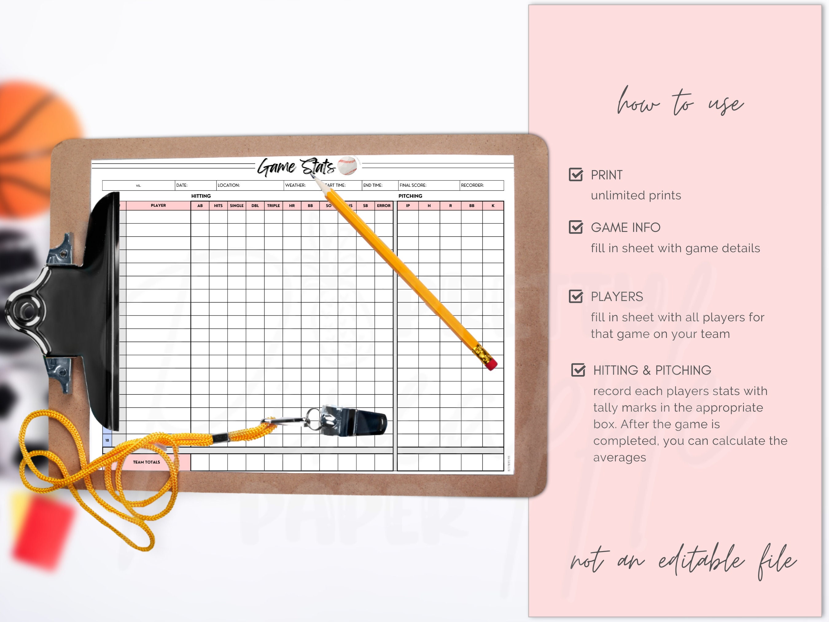 Printable Baseball Game Stats, Instant Download Template, Sports ...