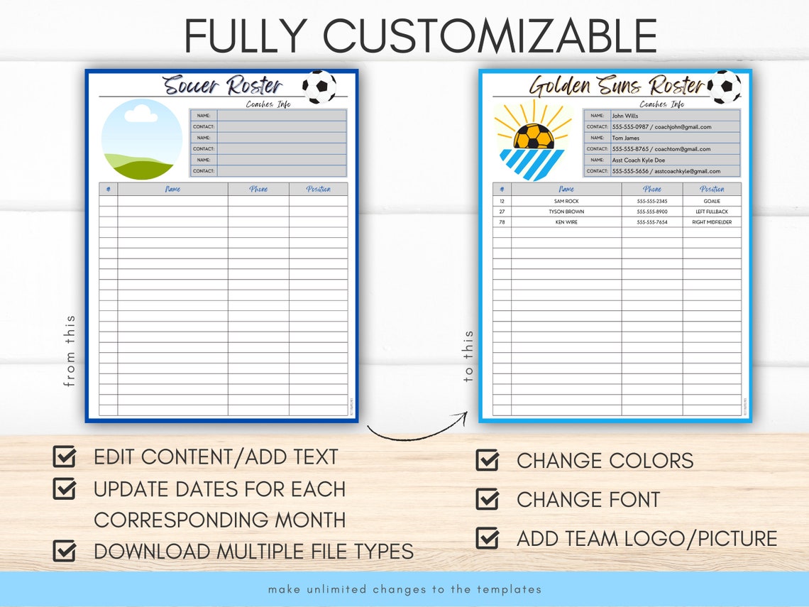Editable Soccer Roster Template, Game Day Team Info, Coach Planner ...