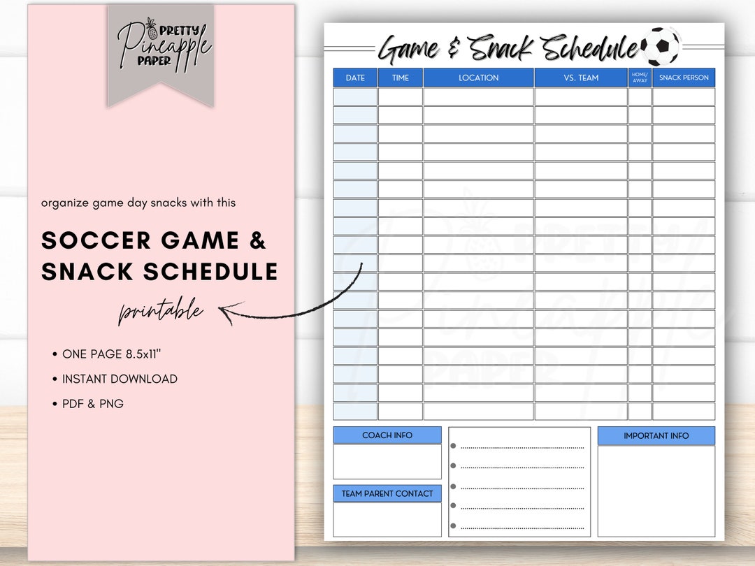 Printable Soccer Team Game Day and Snack Schedule, Instant Download ...