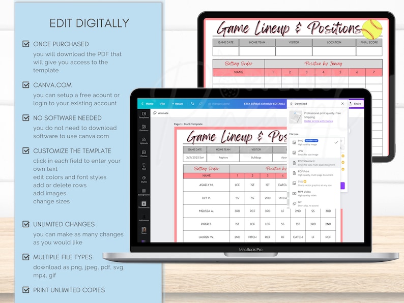 Editable Softball Positions by Inning Template, Game Day Team Info ...