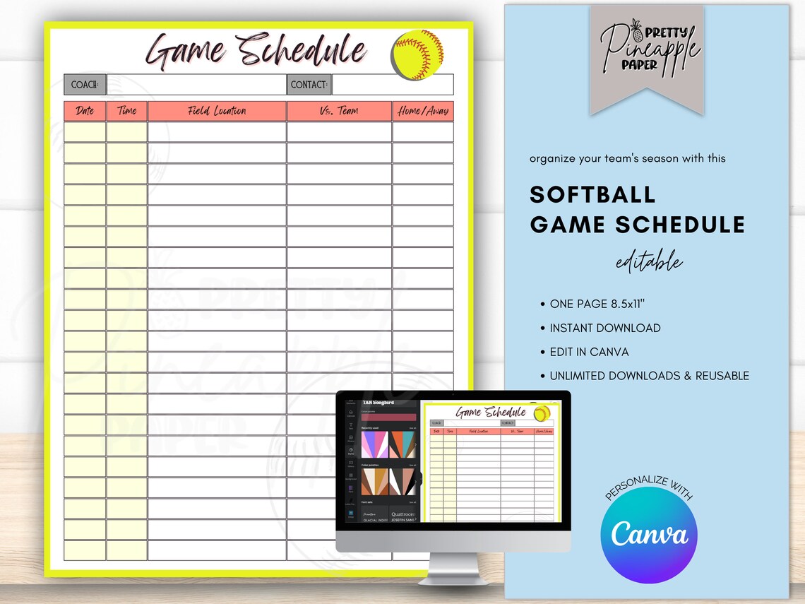 Editable Softball Game Schedule Template. Instant Download to Organize ...