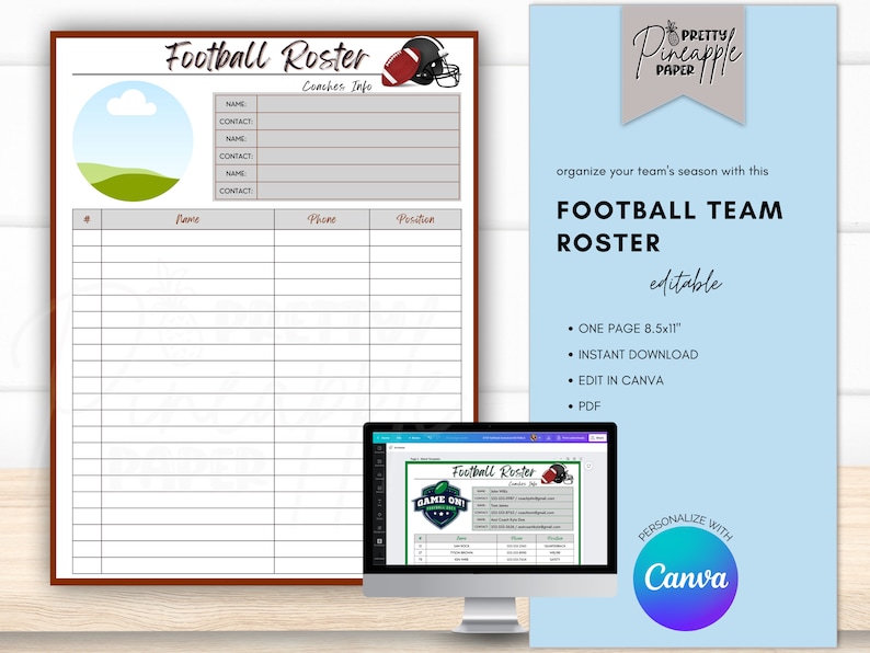 Editable Football Roster Template, Football Team Info, Coach Planner ...