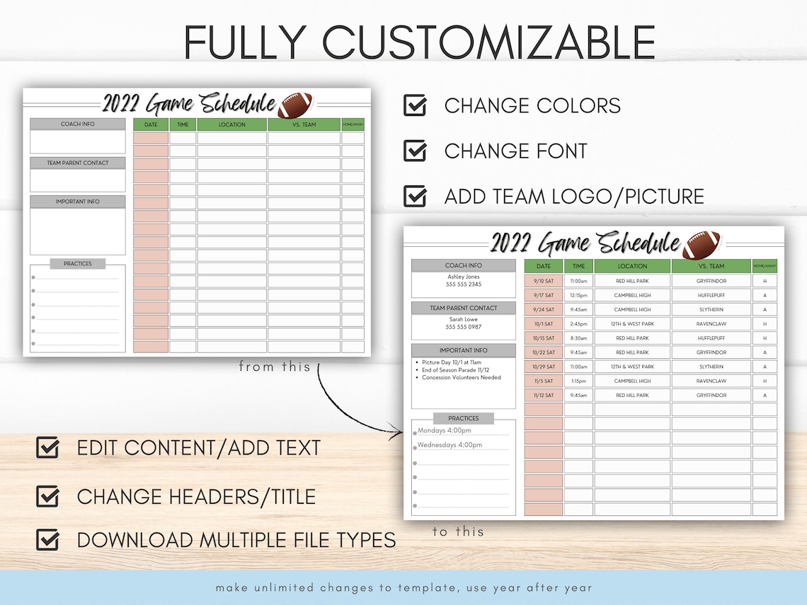 Editable Football Game Schedule Template Instant Download to Organize ...