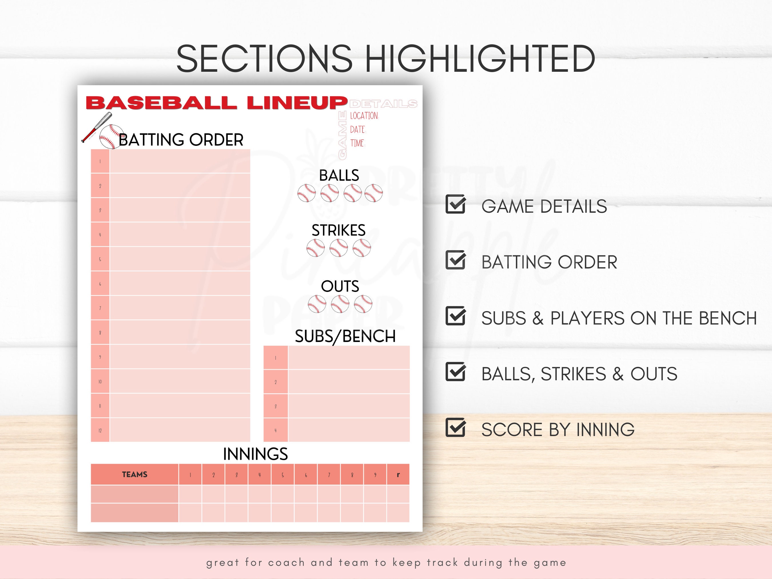 Printable Baseball Line up Batting Order Dugout Innings. Instant ...