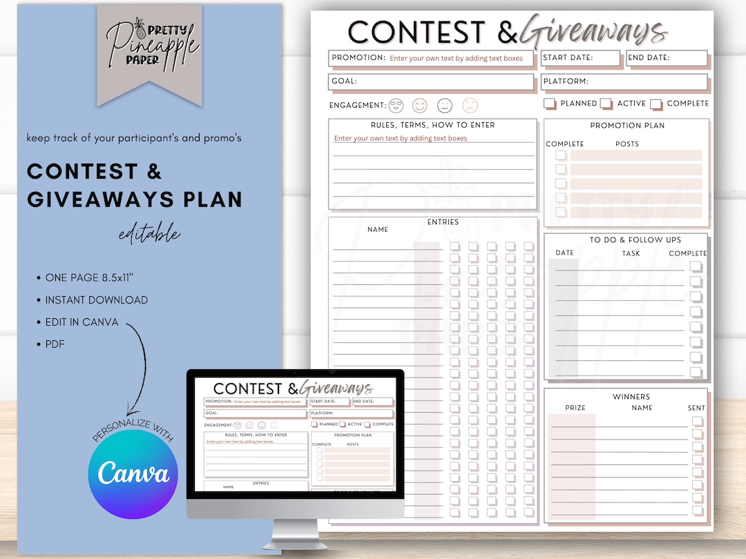 Editable Contest and Giveaway Tracker Planner Sheet, Instant Digital ...