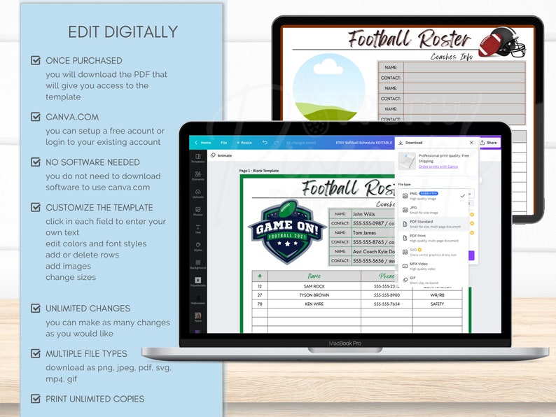 Editable Football Roster Template, Football Team Info, Coach Planner ...