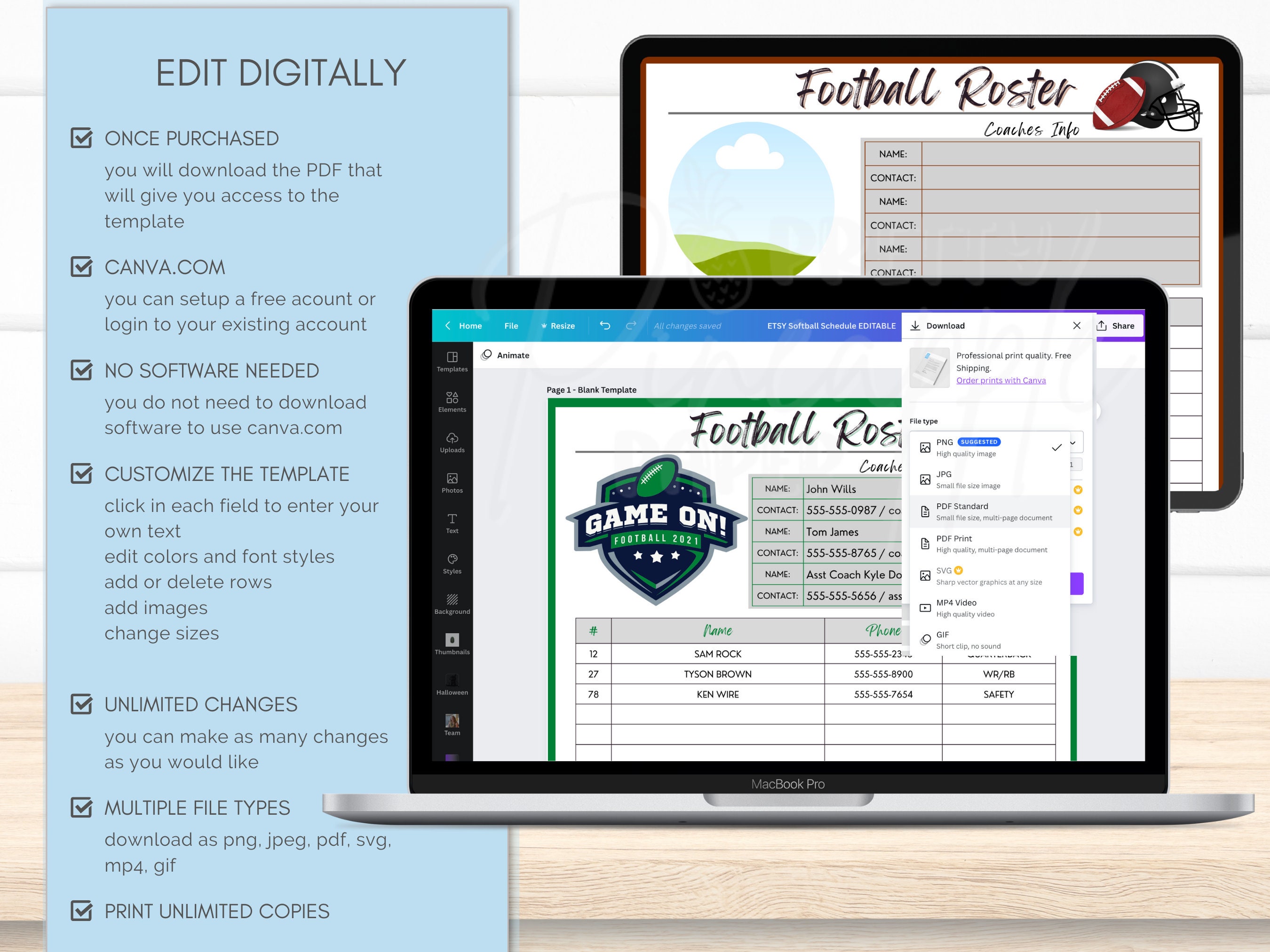 Editable Football Roster Template, Football Team Info, Coach Planner ...