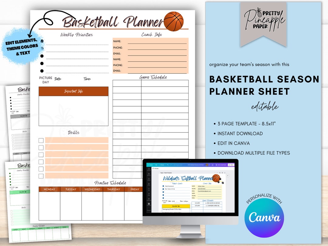 Editable Basketball Season Planner Sheet, Instant Digital Download ...