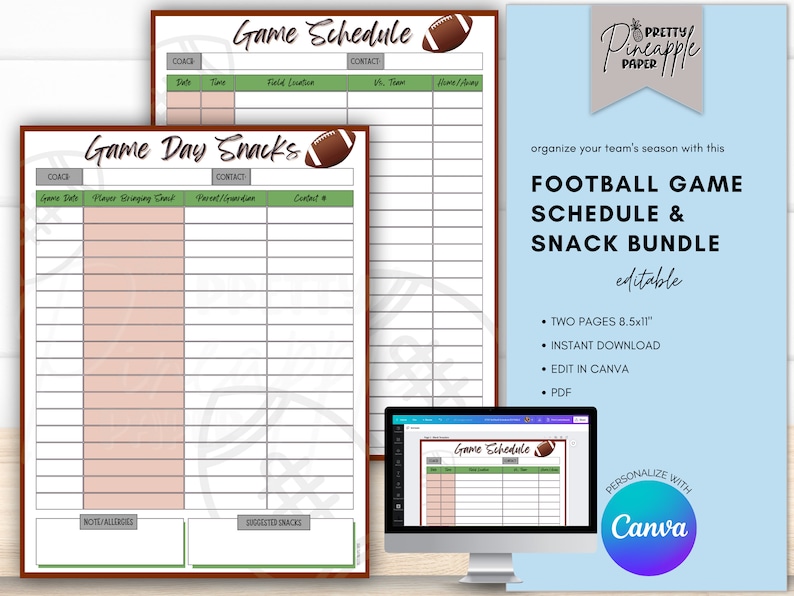 Editable Football Snack & Game Schedule Template Bundle, Instant ...