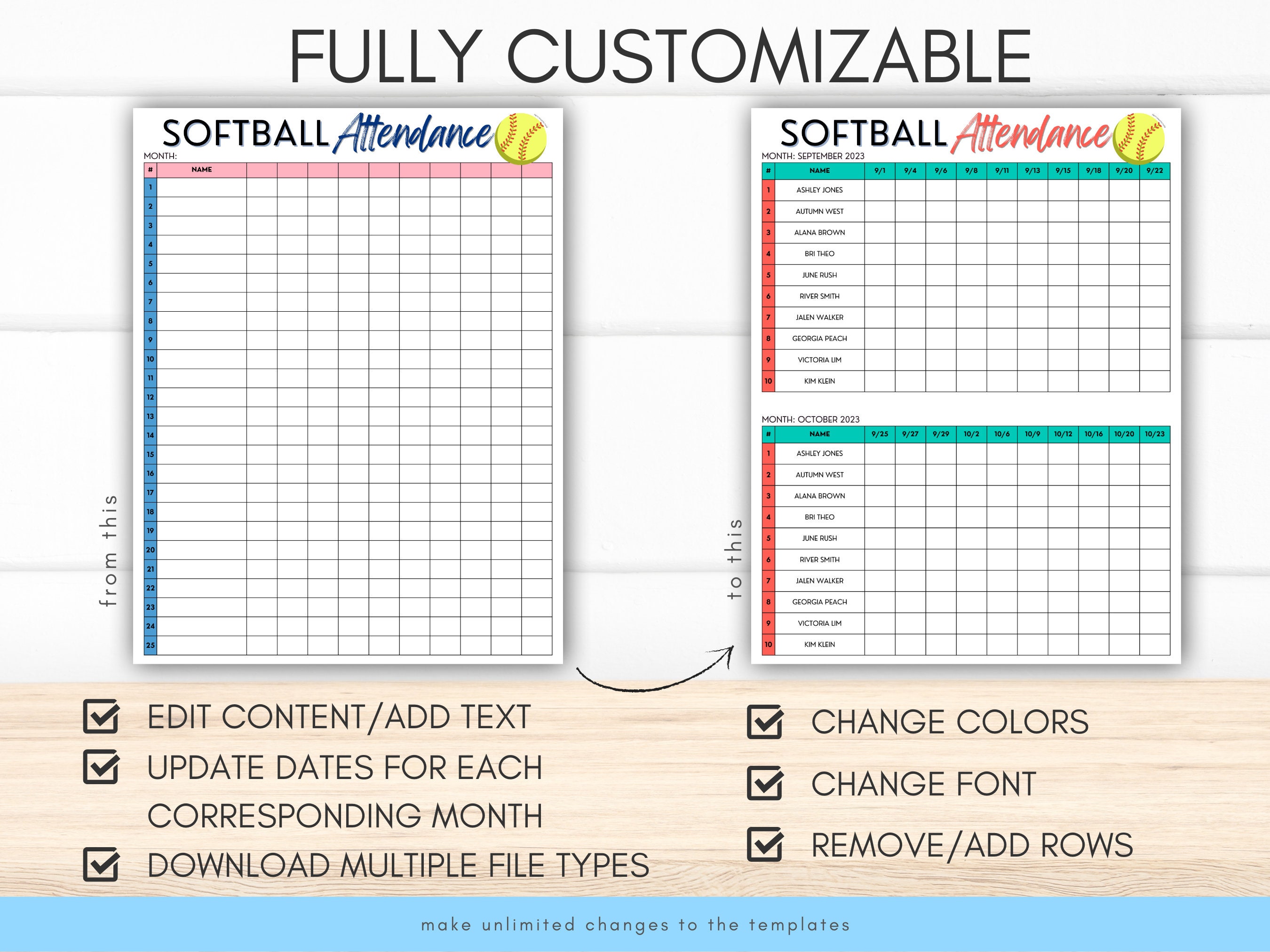 Editable Softball Attendance Template, Instant Digital Download, Edit ...