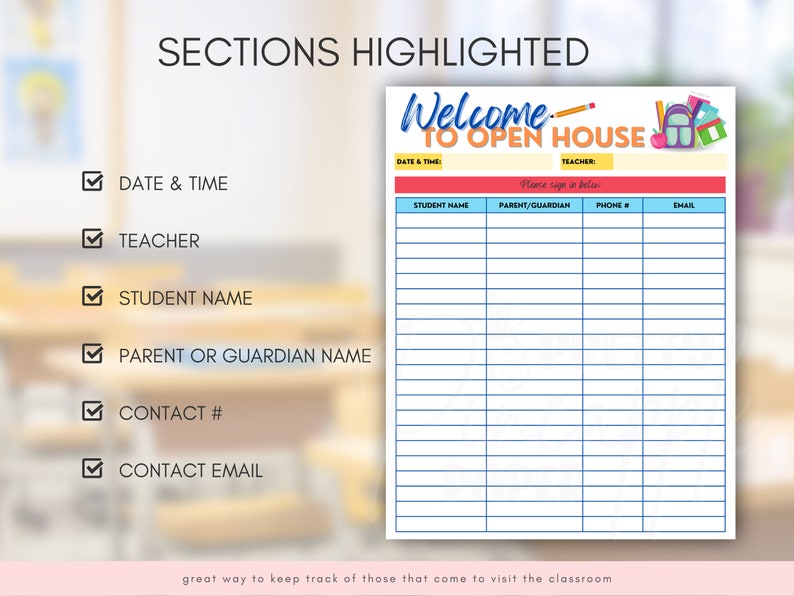 Printable School Open House Sign in Sheet, Instant Digital Download ...
