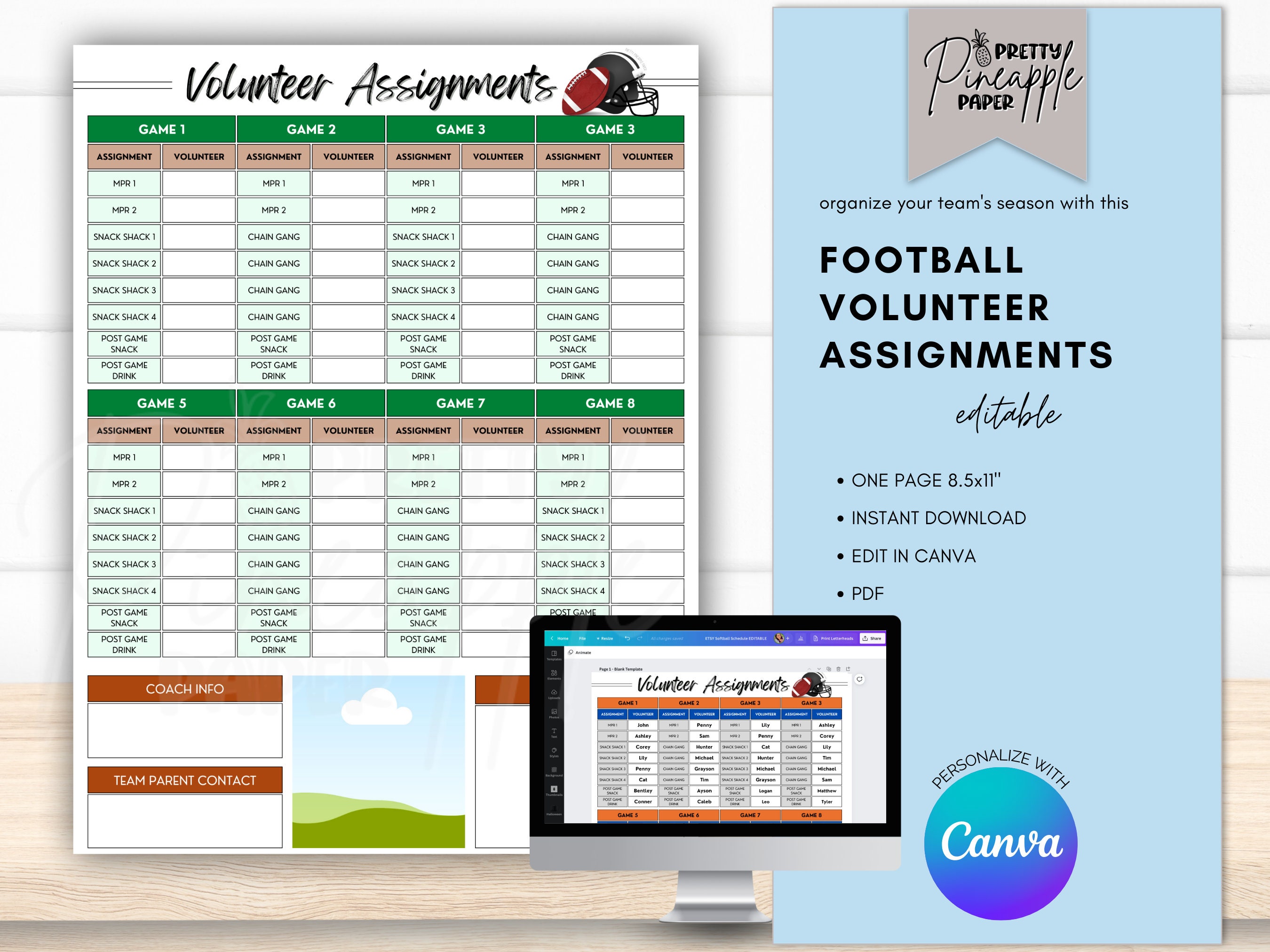 Editable Football Volunteer Assignment Template, Game Info, Coach ...