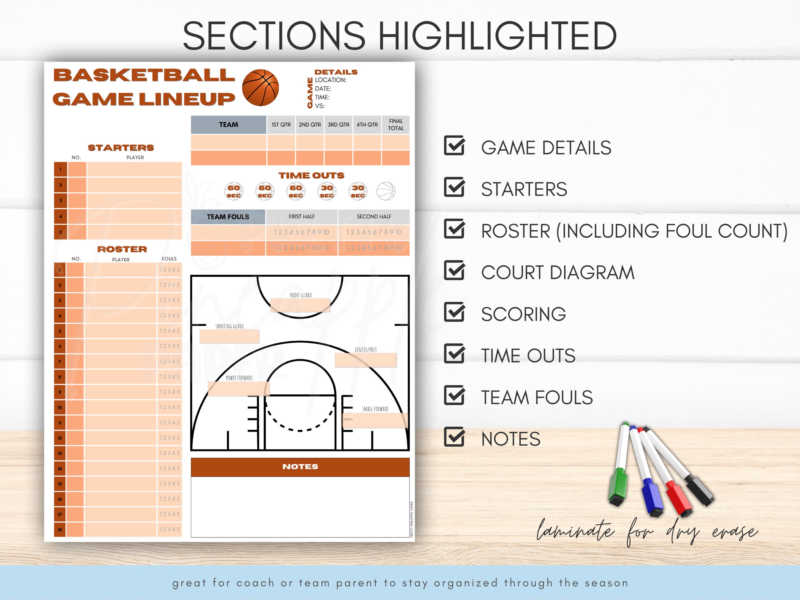 Editable Basketball Game Lineup, Roster, Scoring, Court, Bench ...