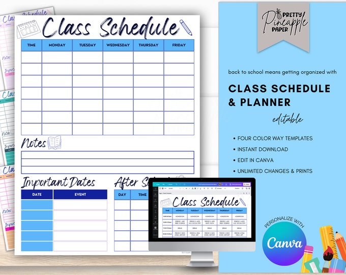 Editable School Class Schedule Planner Template, Instant Digital ...