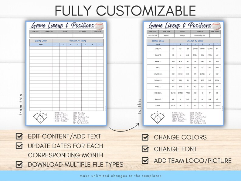 Editable Baseball Positions by Inning Template, Game Day Team Info ...