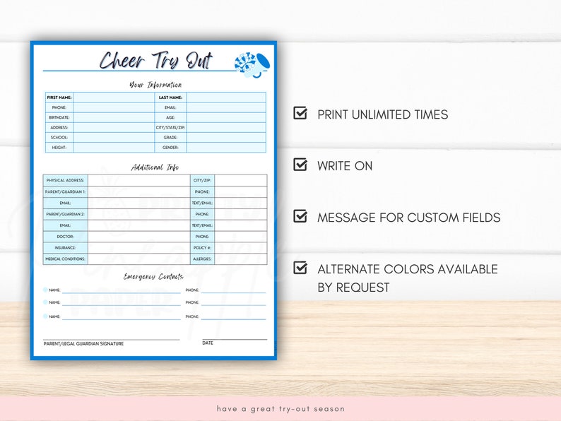 Printable Cheer Try Out Form, Instant Download Template, Cheerleader ...