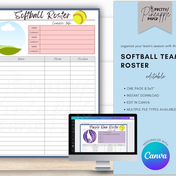 Softball Team Roster Template - Etsy