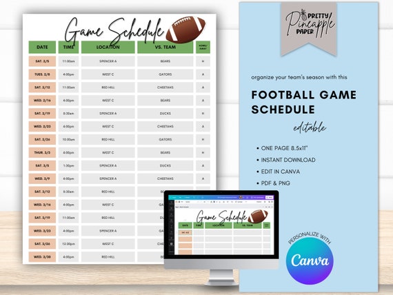 Editable Football Game Schedule Template Instant Download to - Etsy