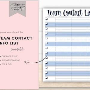 Printable Team Contact List Instant Download for Coach and Team Mom or ...