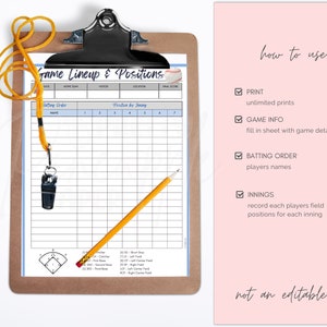 Printable Baseball Team Line up and Field Positions, Instant Download ...