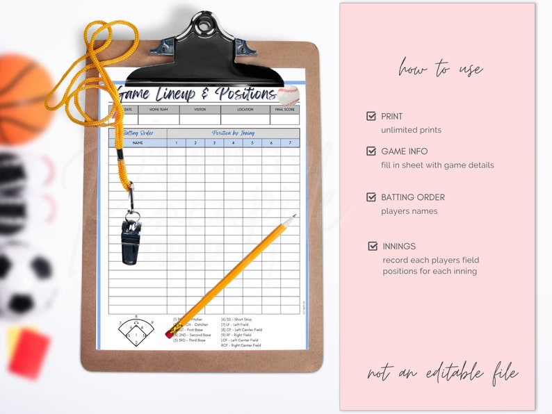 Printable Baseball Team Line up and Field Positions, Instant Download ...