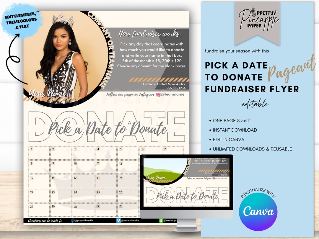 Editable Pageant - Calendar Fundraiser Template, Pick a Date to Donate ...
