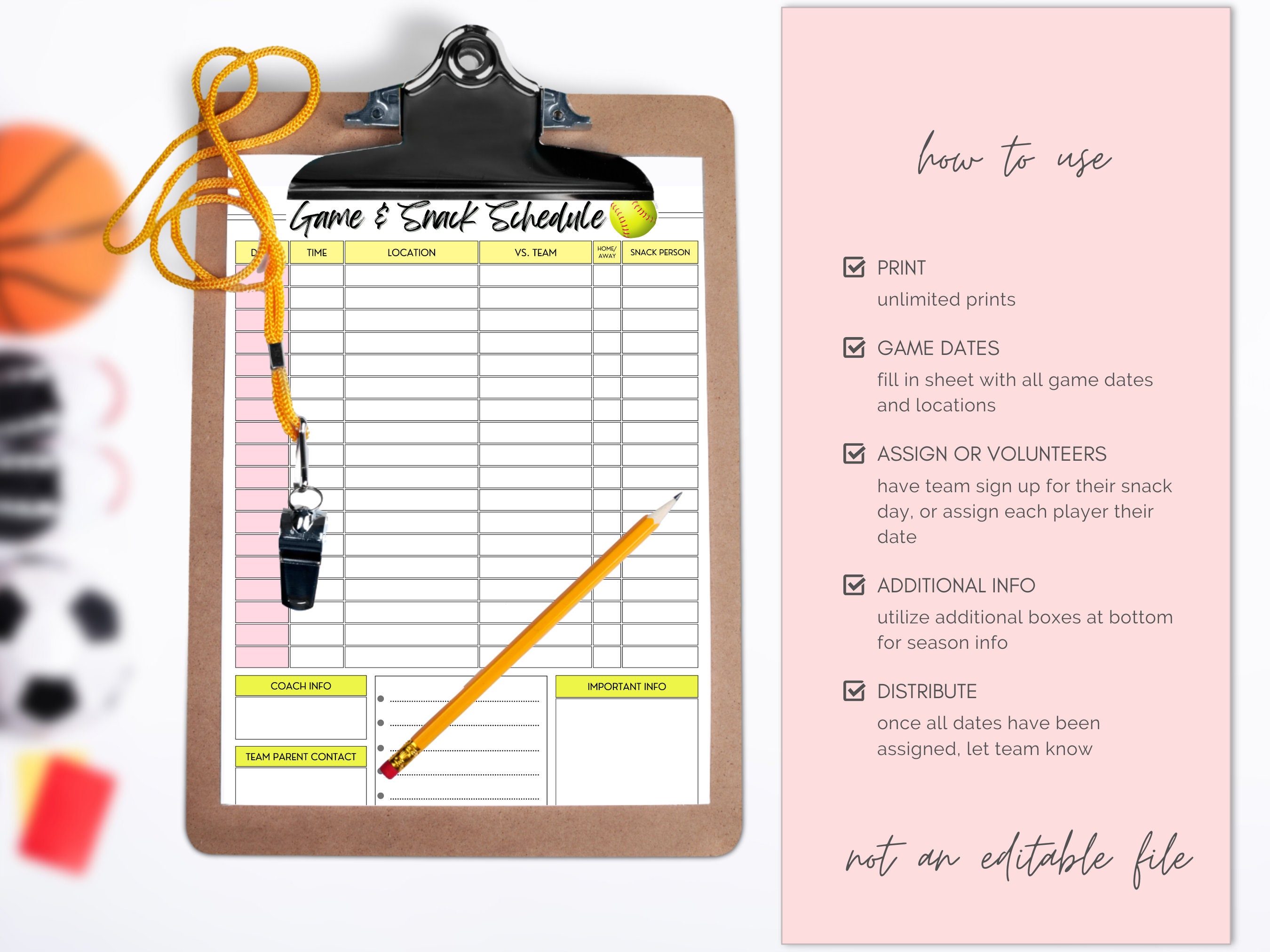 Printable Softball Team Game Day and Snack Schedule, Download Fillable ...