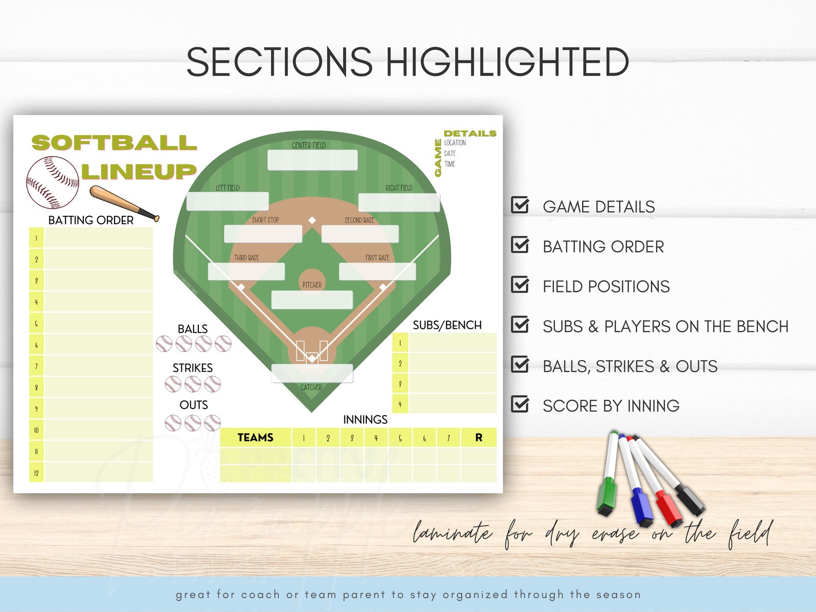 Editable Softball Line up and Field Position Sheet Batting Order Dugout ...