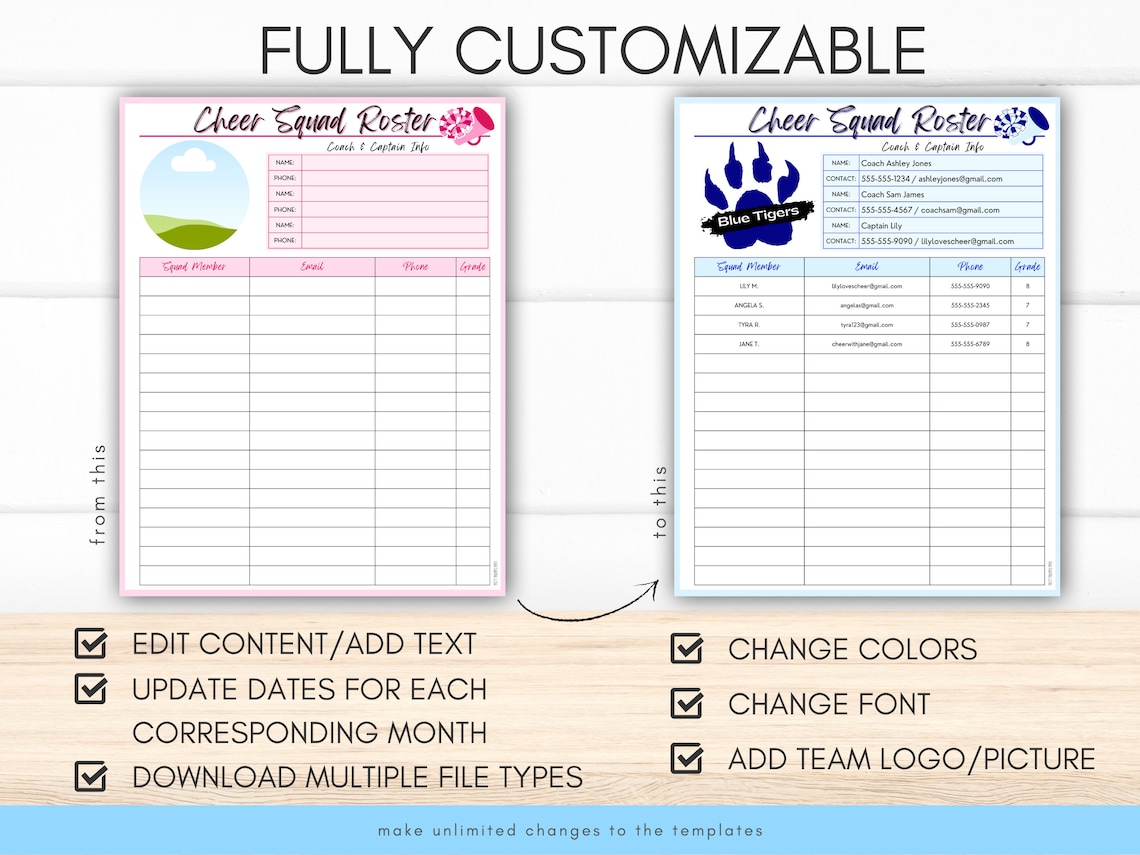 Editable Cheer Squad Roster Template, Cheerleading Team, Coach, Captain ...